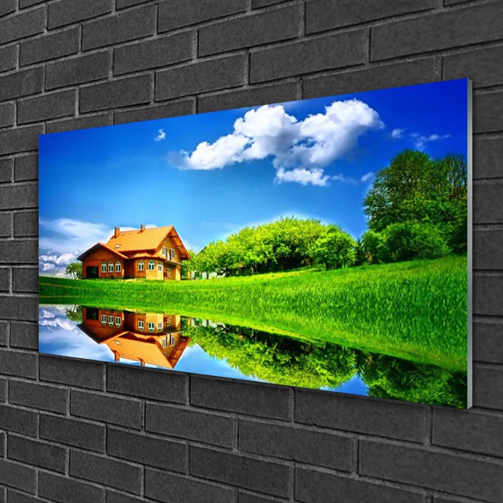 Obraz na skle Dům Jezero Tráva Příroda 125x50 cm