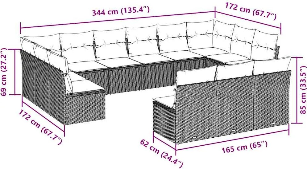 13dílná zahradní sedací souprava s poduškami hnědá polyratan 3218393