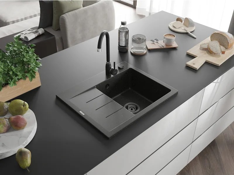 Mexen Ben, 1-komorový granitový dřez 600x500x190 mm, pravý + černý sifon, černá-zlatá metalíza, 6523605000-75-B