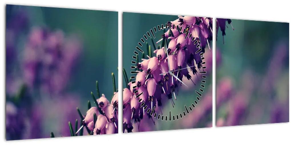Obraz fialové květiny (s hodinami) (90x30 cm)