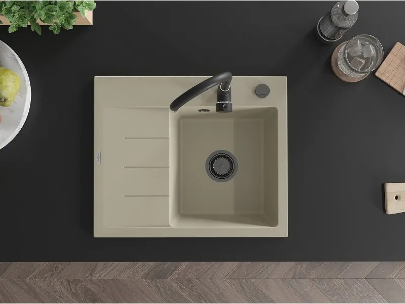 Mexen Ben, 1-komorový granitový dřez 600x500x190 mm, pravý + černý sifon, béžová, 6523605000-69-B