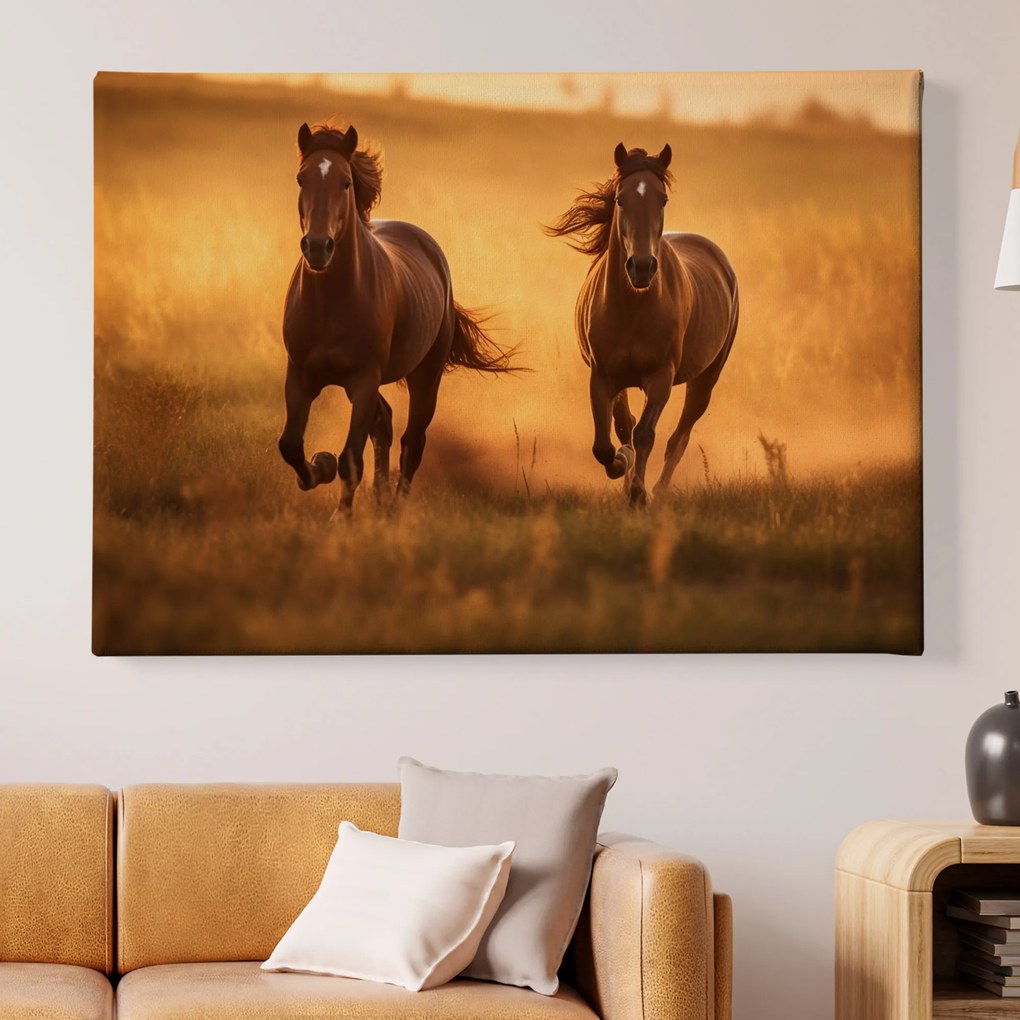 Obraz na plátně - Dva hnědí koně se prohánějí krajinou FeelHappy.cz Velikost obrazu: 90 x 60 cm