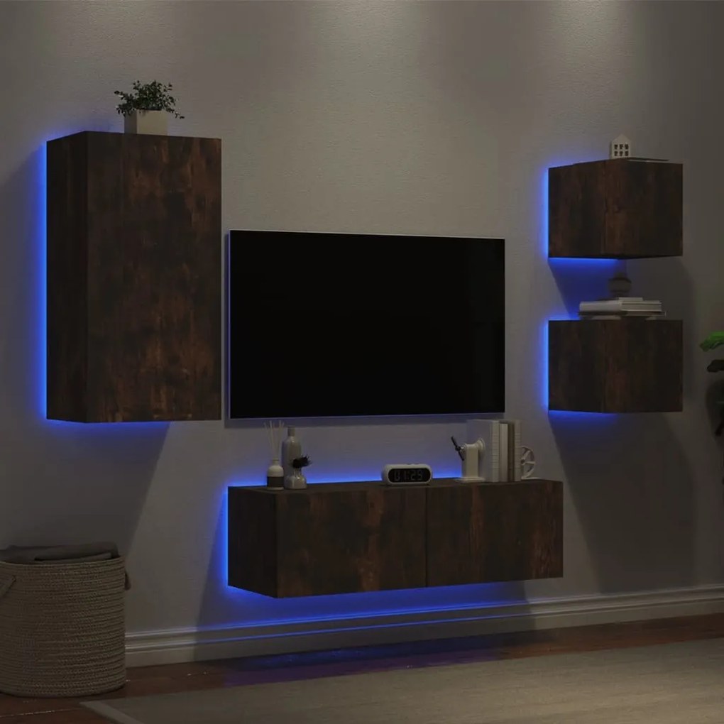 vidaXL 4dílná obývací stěna s LED osvětlením [3216885] Barva: kouřový dub