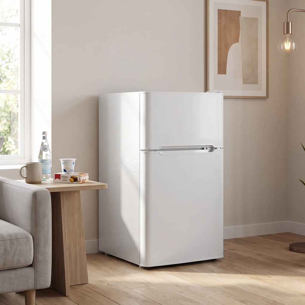 HOMCOM Mini lednička s mrazákem, dvoudveřová, s nastavitelným termostatem, malá chladnička na nápoje 90 l, bílá