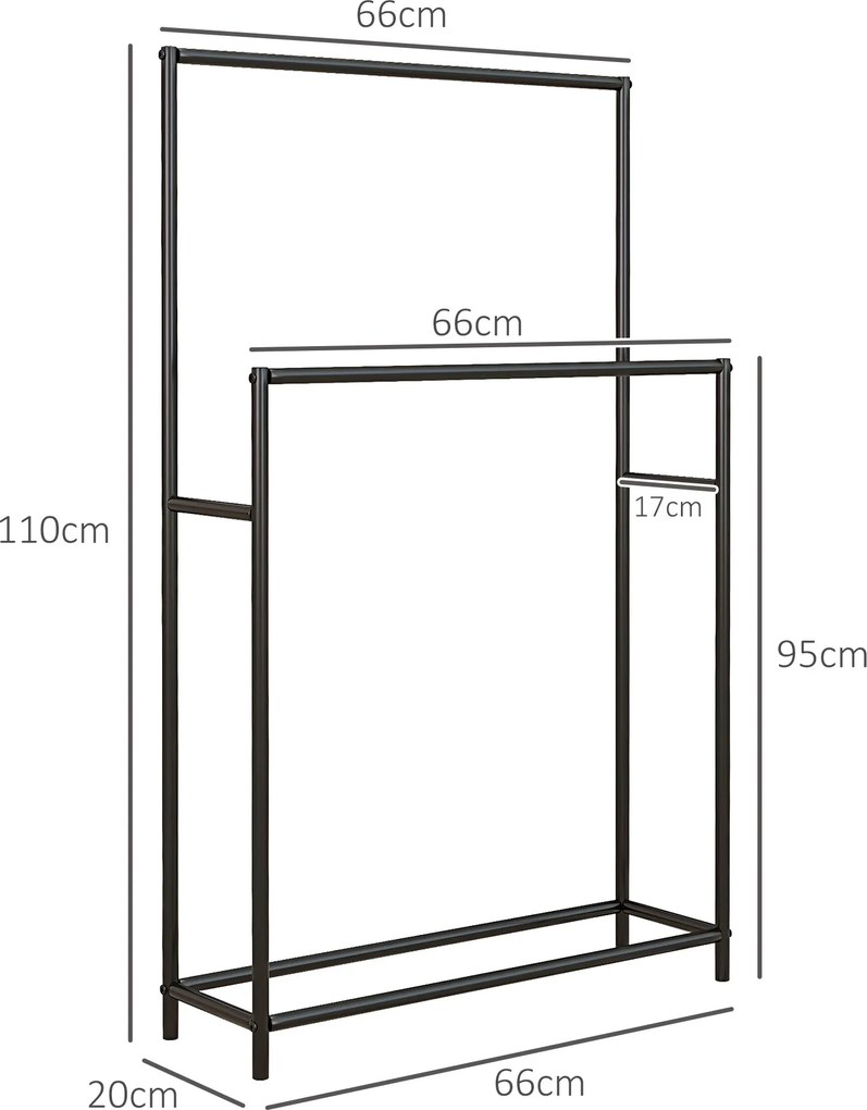 HOMCOM Věšák na ručníky, volně stojící věšák se 2 držáky na ručníky, věšák na ručníky do koupelny, kov, 66 x 20 x 110 cm, černý | Aosom