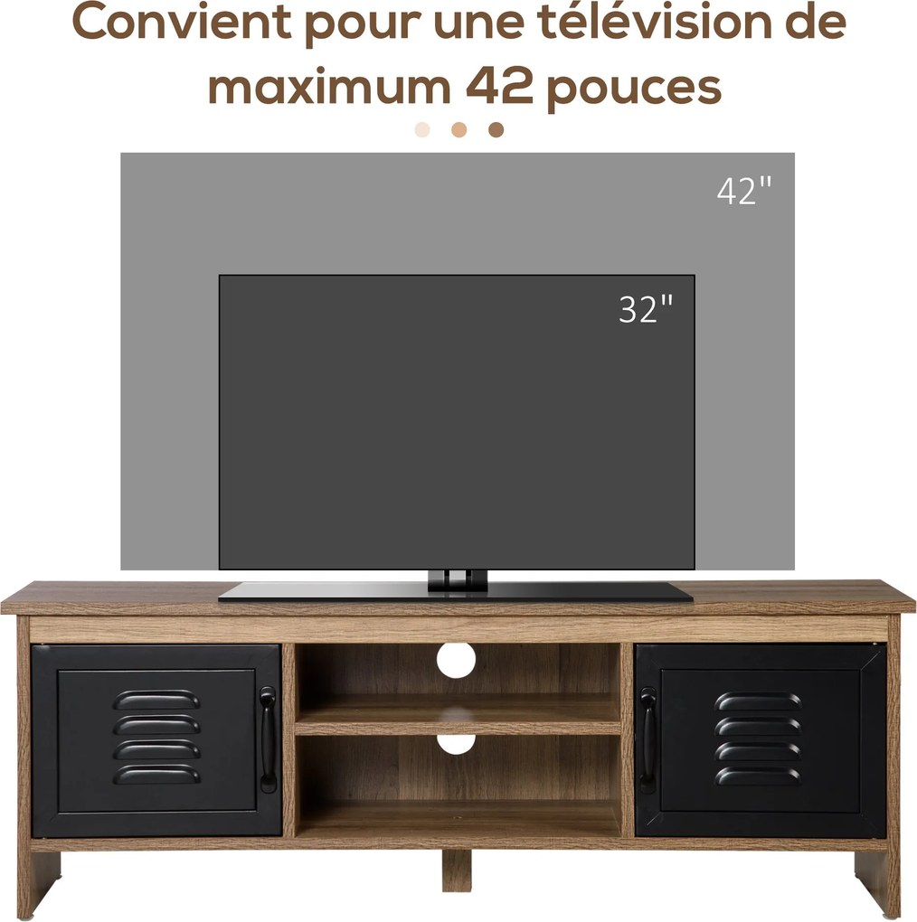 HOMCOM 43" Televizní Stojan v Průmyslovém Designu s 2 Skříňkami, 2 Nikami, 2 Otvory na Kabely, Dřevěným Povrchem a Černými Kovovými Dveřmi | Aosom