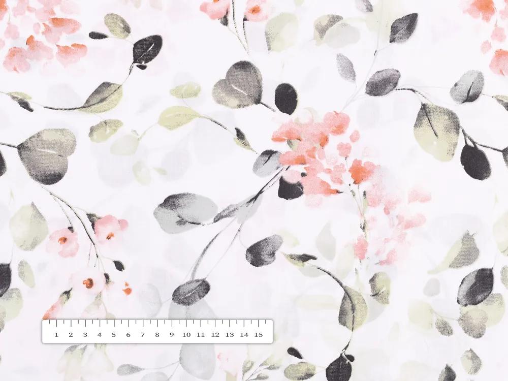 Biante Bavlněné prostírání na stůl Sandra SA-288 Eukalyptus s růžovými květy na bílém 35x45 cm