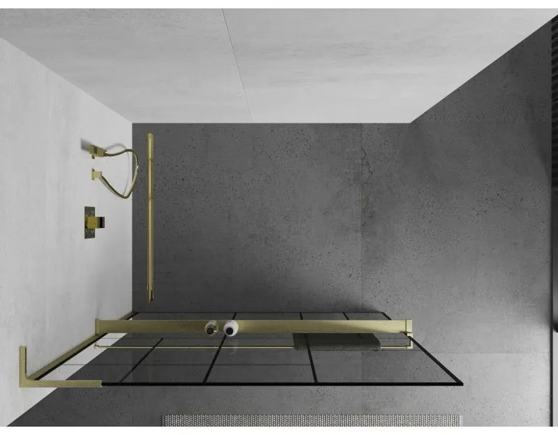 Mexen Kioto+ L, sprchová zástěna Walk-In s poličkou a věšákem 120 x 200 cm, 8mm čiré sklo černý vzor, zlatý matný profil, 800-120-123-55-78