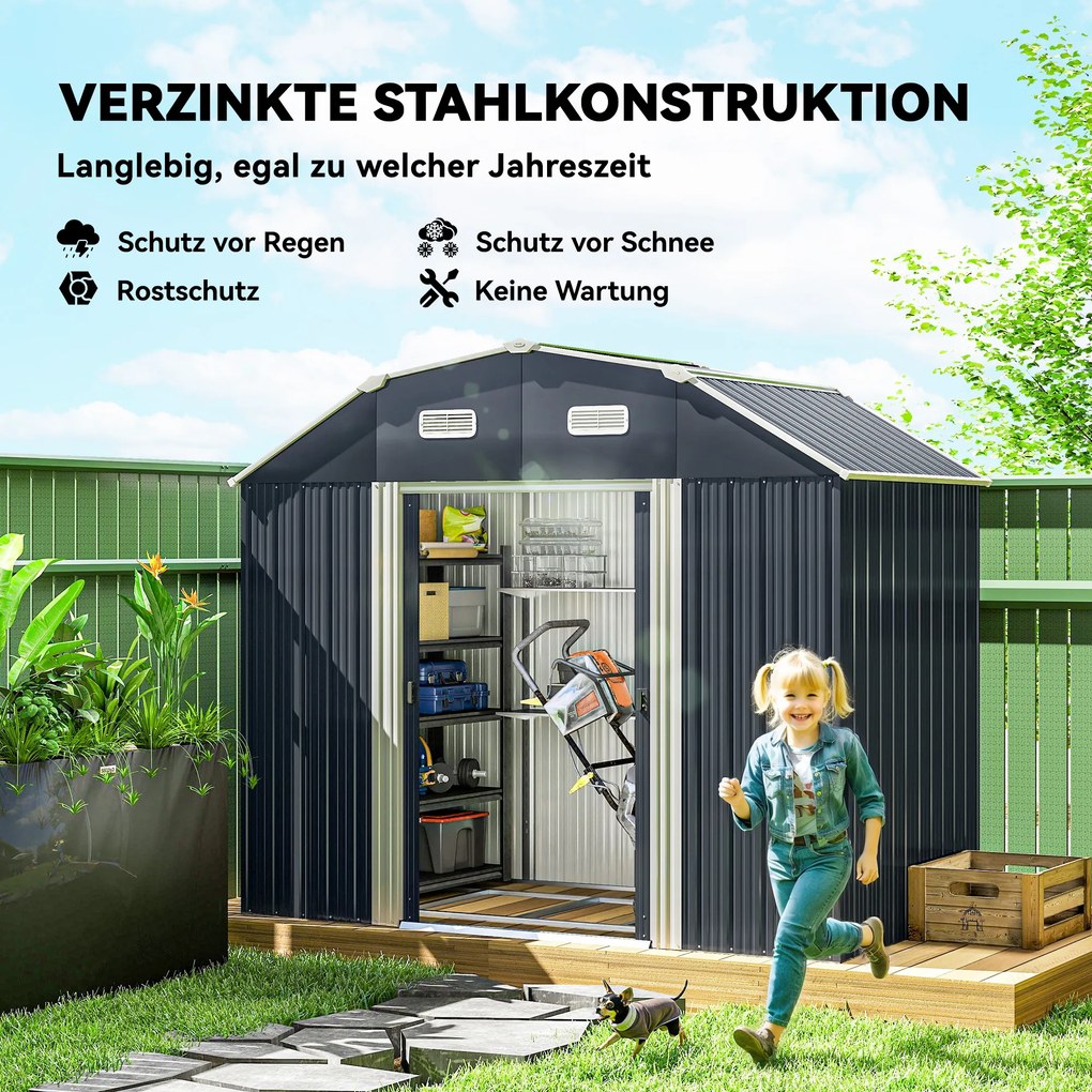 Outsunny kůlna na nářadí ocelová kůlna na nářadí 2,7m² ochrana před UV zářením zahradní kůlna 2 posuvné dveře policový základ tmavě šedá 238x132x198,…