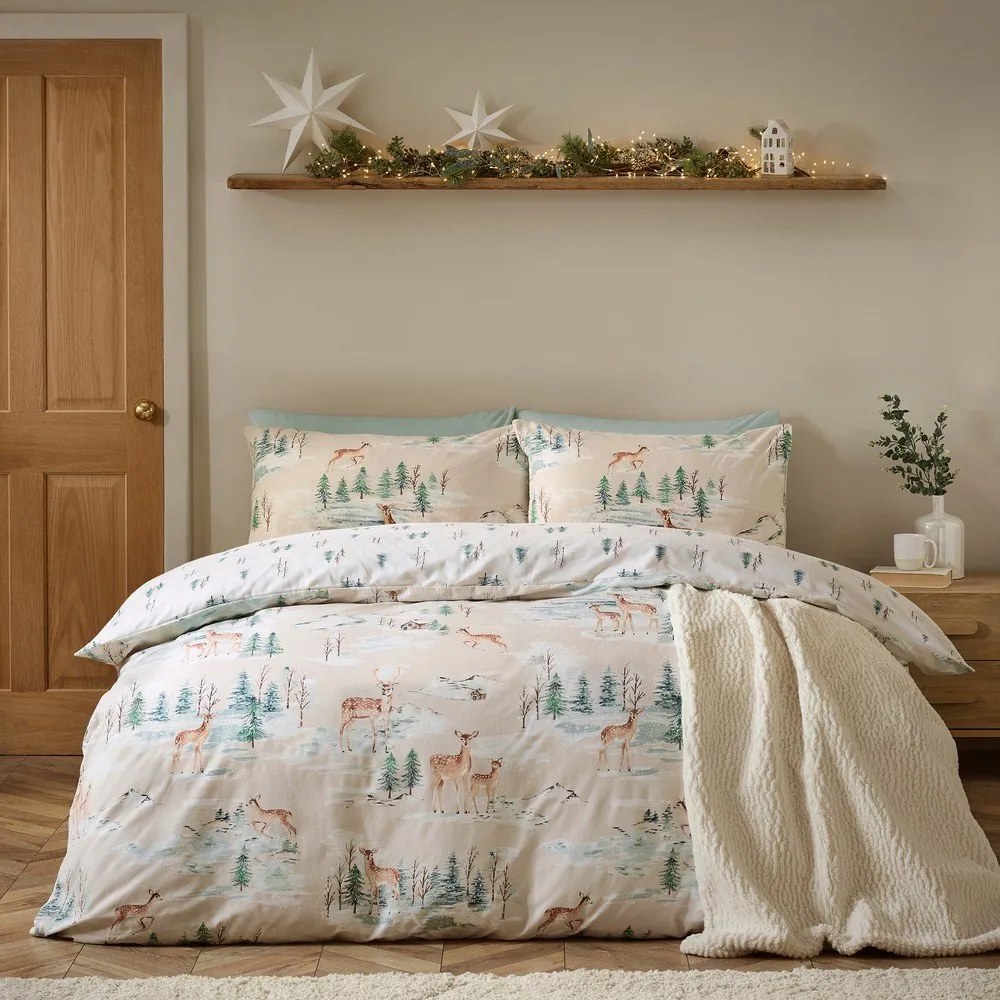 Flanelové povlečení na jednolůžko v přírodní barvě 135x200 cm Brushed Christmas Deer – Catherine Lansfield