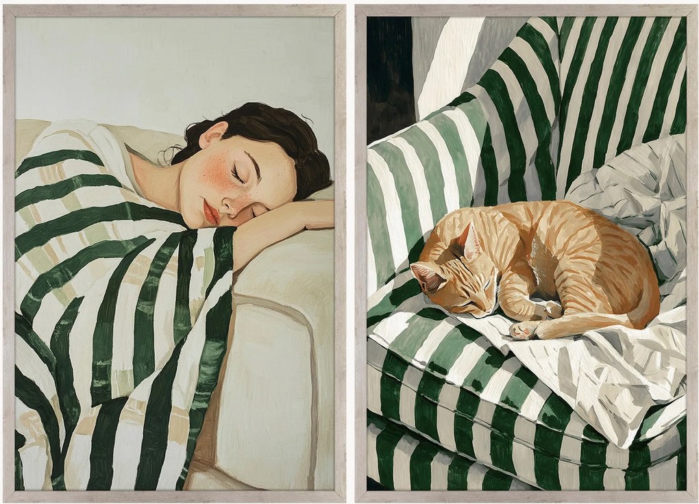Sada zarámovaných digitálních tisků Woman And Cat, 2 díly