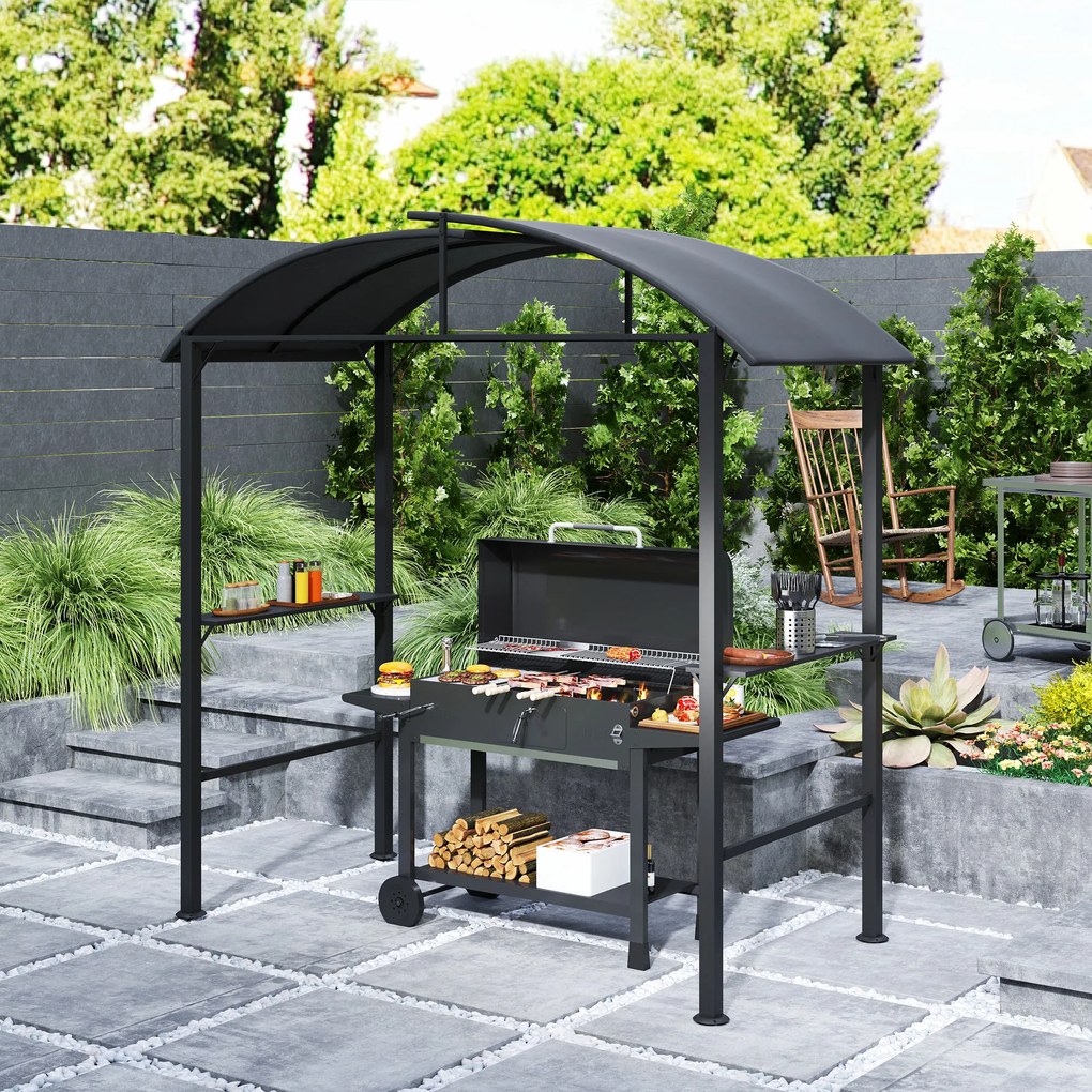Outsunny BBQ Pavilon 233 x 110 x 235 cm Větruvzdorný Zahradní Pavilon s Dvojitou Střechou, Policemi, Zahradní Pavilon s UV Ochrannou, BBQ Pavilon z O…