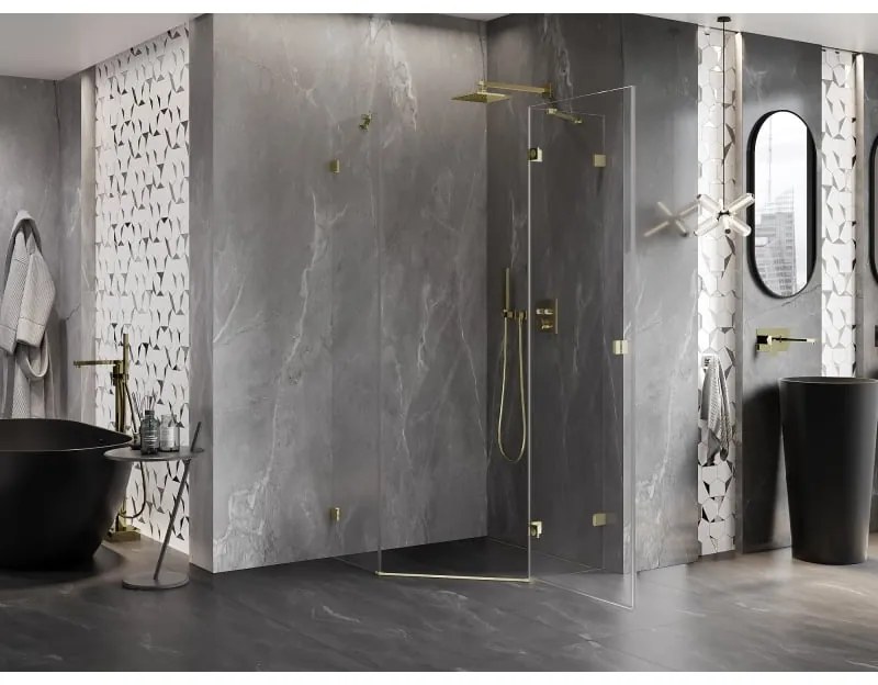 Mexen Lunar, pětiúhelníkový sprchový kout naklápěcí vpravo 80 x 80 cm, 8mm čiré sklo, zlatý profil, 831-080P-080L-50-00-P