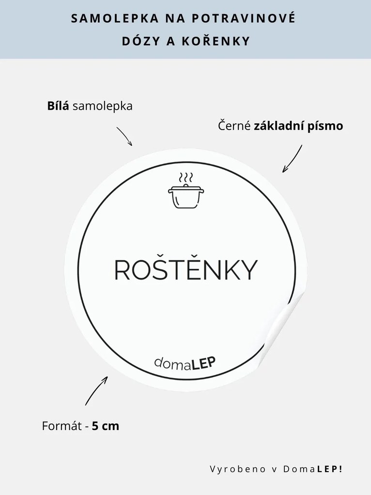 Samolepka na kořenky ROŠTĚNKY bílá 5 cm základní písmo