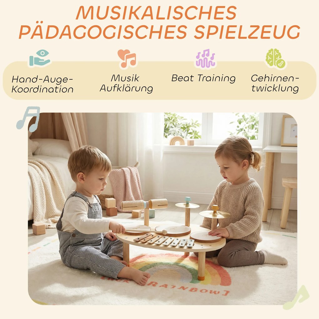 AIYAPLAY dětské bicí 4-v-1 Montessori sada hudebních nástrojů s bubny, xylofonem a perkusními nástroji pro děti od 2 let