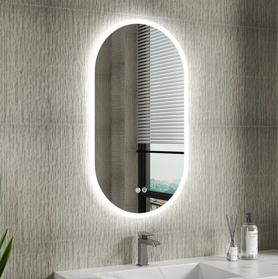 Erga Demi, oválné LED zrcadlo 50x90cm, 3 barvy světla, přední osvětlení, topná podložka proti zapaření, ERG-V01-DEMI-5090-CL