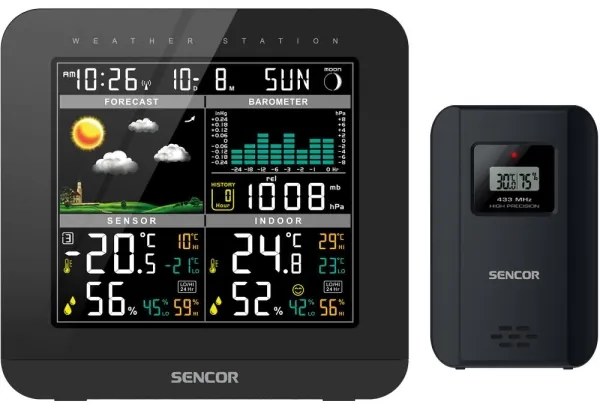Sencor - Meteostanice s barevným LCD displejem a budíkem 3xAAA + 2x AA černá