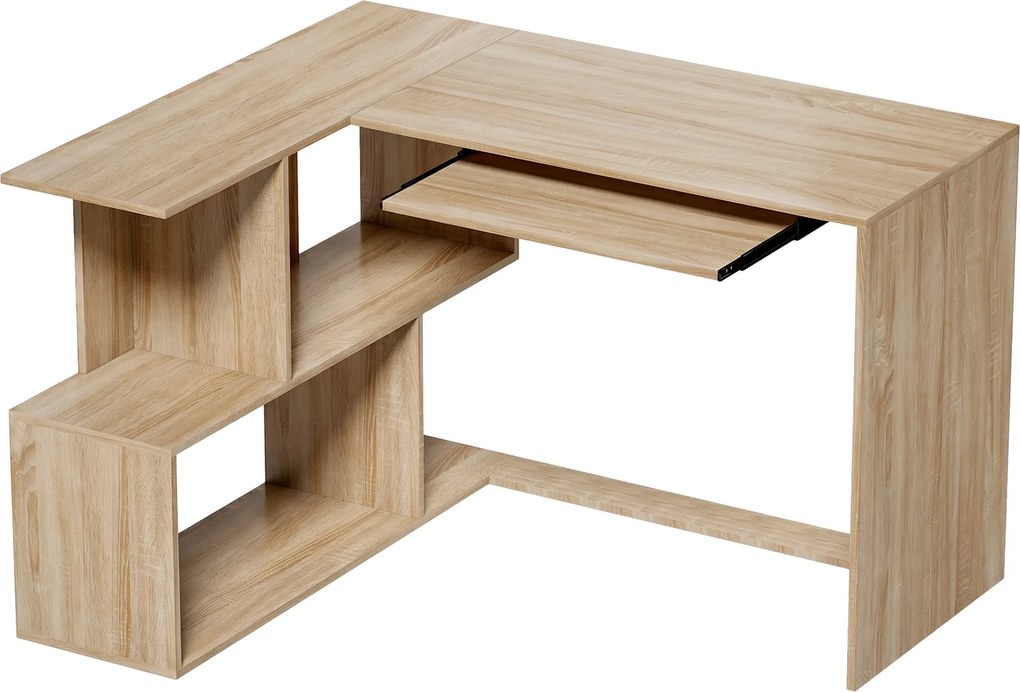 HOMCOM rohový stůl, 120 x 100 x 76 cm, L‑tvar psací stůl s výsuvem na klávesnici, 4 otevřené přihrádky, přírodní
