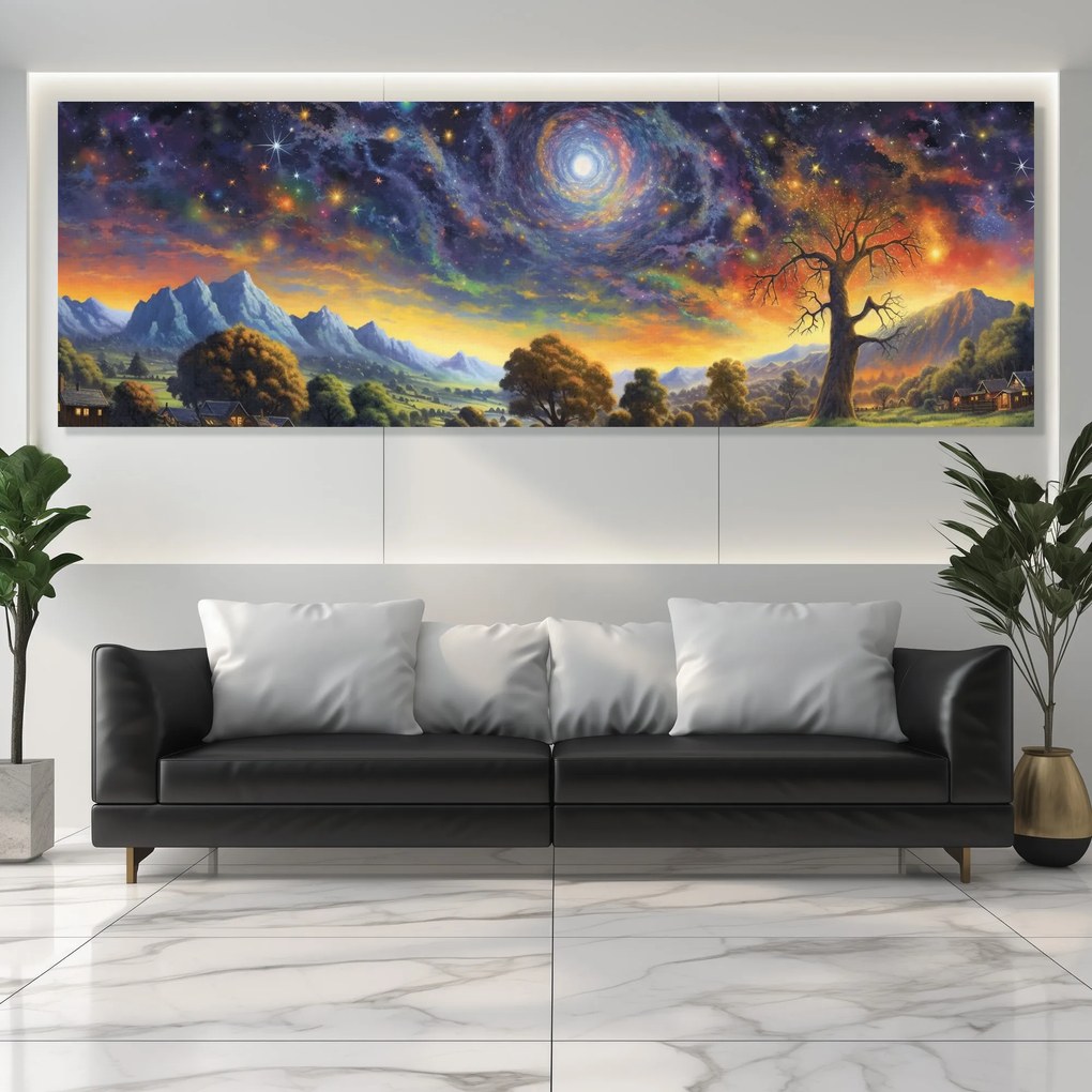 Obraz na plátně - Krajina s magickou noční oblohou FeelHappy.cz Velikost obrazu (šířka x výška): 150 x 50 cm