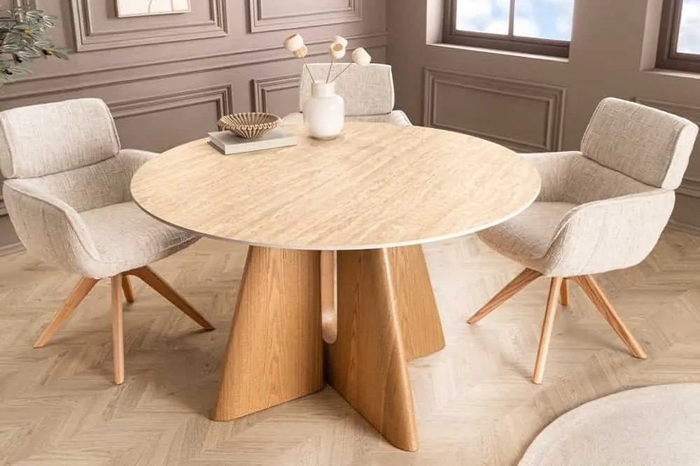 Kulatý keramický jídelní stůl Yenibeth 120 cm travertin / dub