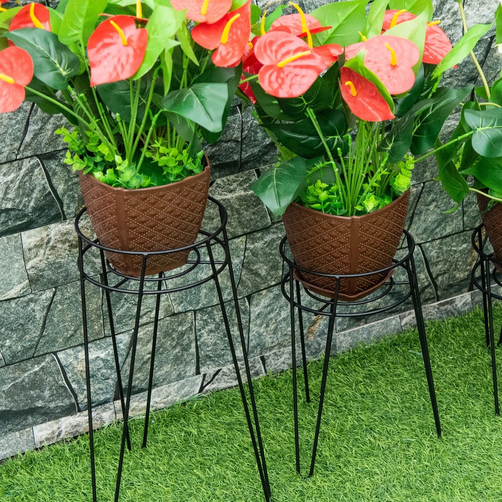 Sada 3 kovových stojanů na květiny Outsunny pro květináče do Ø16 cm, elegantní stojan na květiny v černé barvě