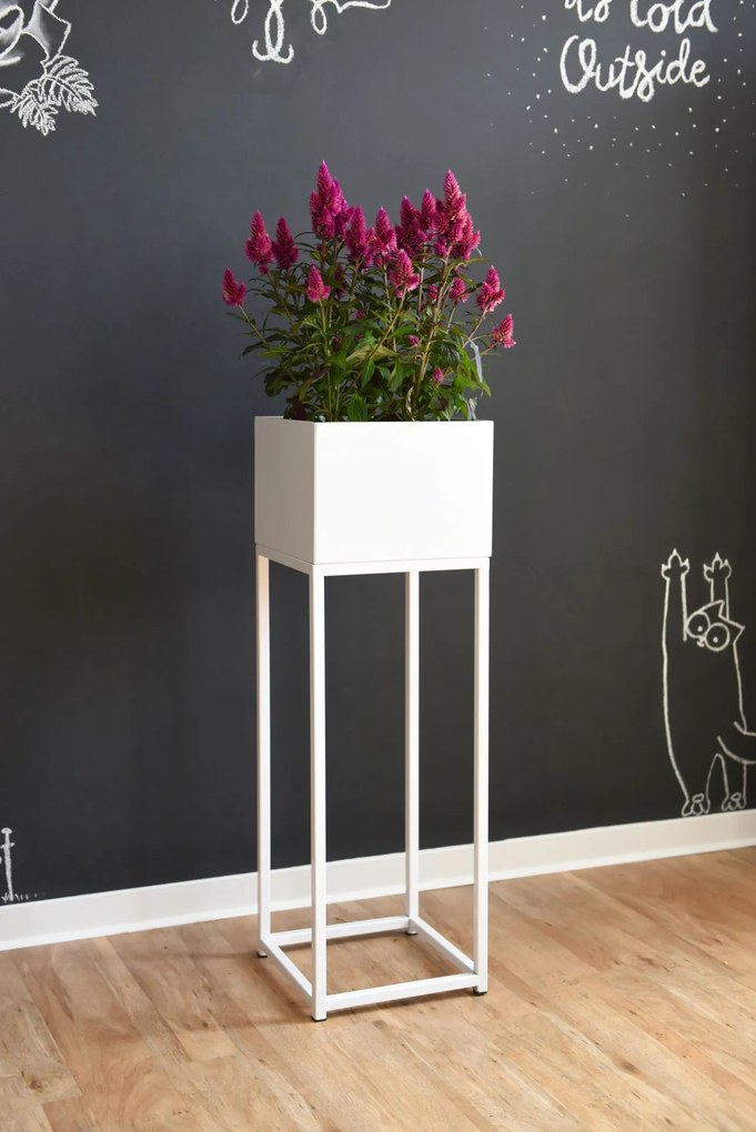 Květináč na vysokých nohách ELEVATE SQUARE, ocel, výška 79 cm, bílý mat