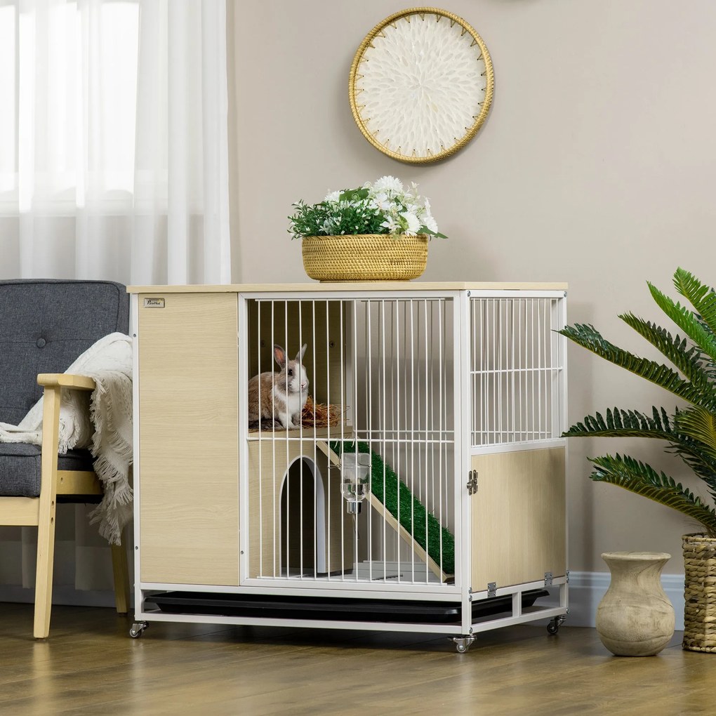 PawHut Klec pro králíky na kolečkách s otevírací střechou, podlážkou a odnímatelným šuplíkem - Přírodní 78 x 52,5 x 76,5 cm