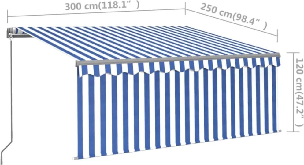 vidaXL Marketos Ručně zatahovací markýza s roletou 3 x 2,5 m modrobílá