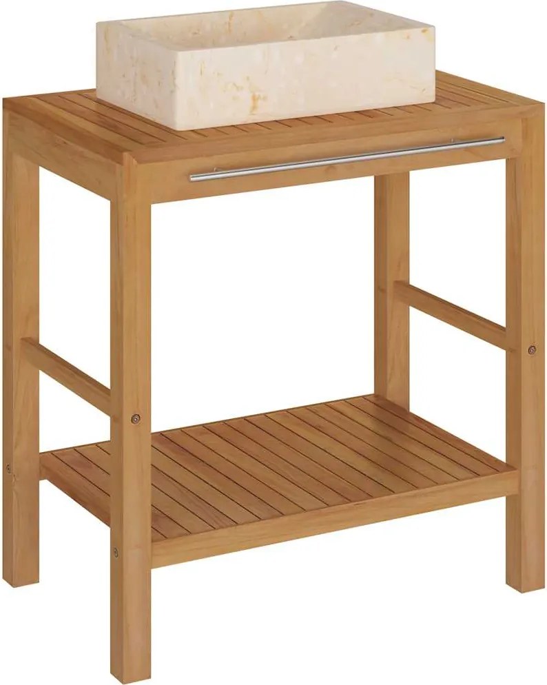 Koupelnová skříňka dřevo teak a umyvadlo mramor krémové 3058160
