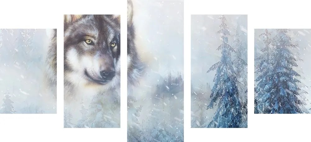 5-dílný obraz vlk v zasněžené krajině - 100x50 cm