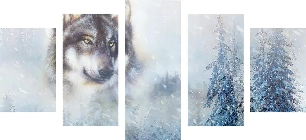 5-dílný obraz vlk v zasněžené krajině - 200x100 cm