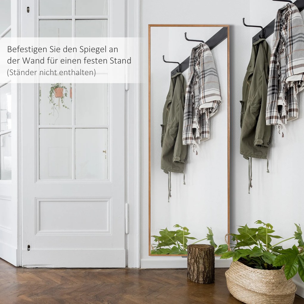 HOMCOM Celoplošné zrcadlo na zeď 125x45cm s dřevěným rámem v přírodní barvě do šatní skříně, předsíně nebo ložnice