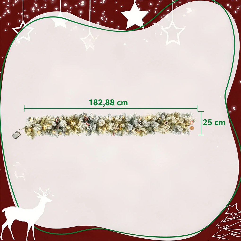HOMCOM Vánoční girlanda s 216 větvičkami posypanými sněhem, 50 LED světýlek, Ø25x180 cm, zelená & bílá