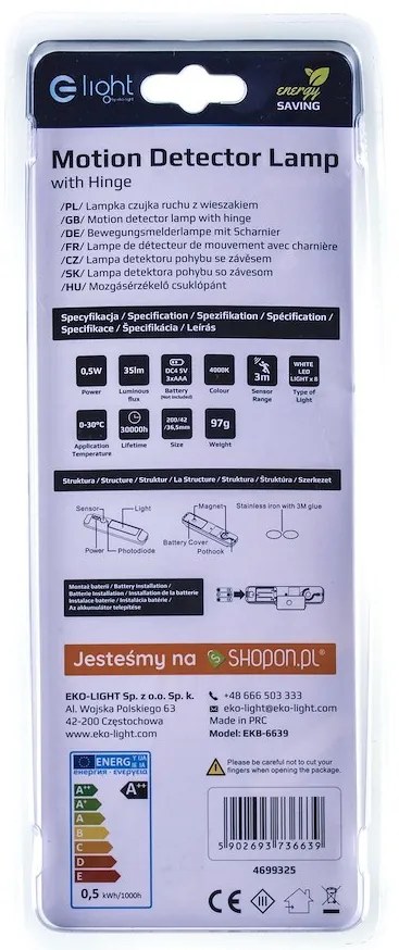 LED svítilna do skříňky, 1x LED 0,5w 4000k, w, pohybový senzor + věšák