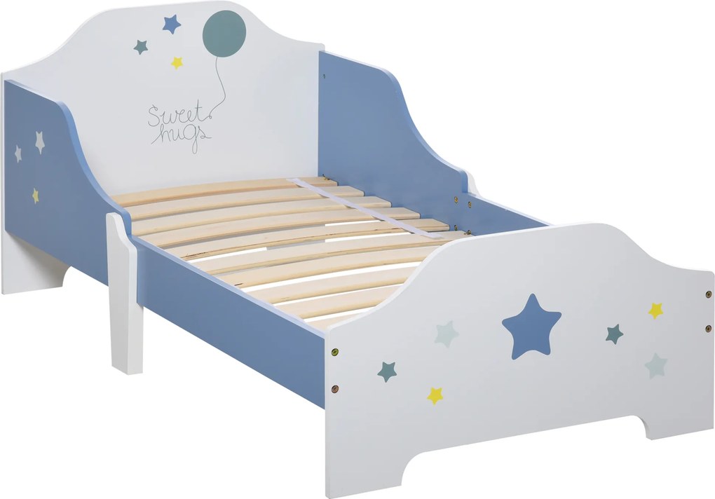 Dětská postel HOMCOM, nízká postel pro děti od 3 do 6 let, 143 x 74 cm, design hvězdy, včetně latě, do dětského pokoje, modro-bílá