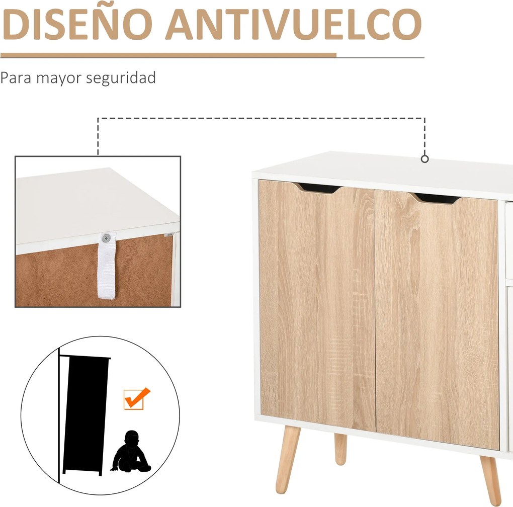 HOMCOM Moderní komoda se 3 dvířky a zásuvkou 90x30x72 cm Bílá a přírodní dřevo