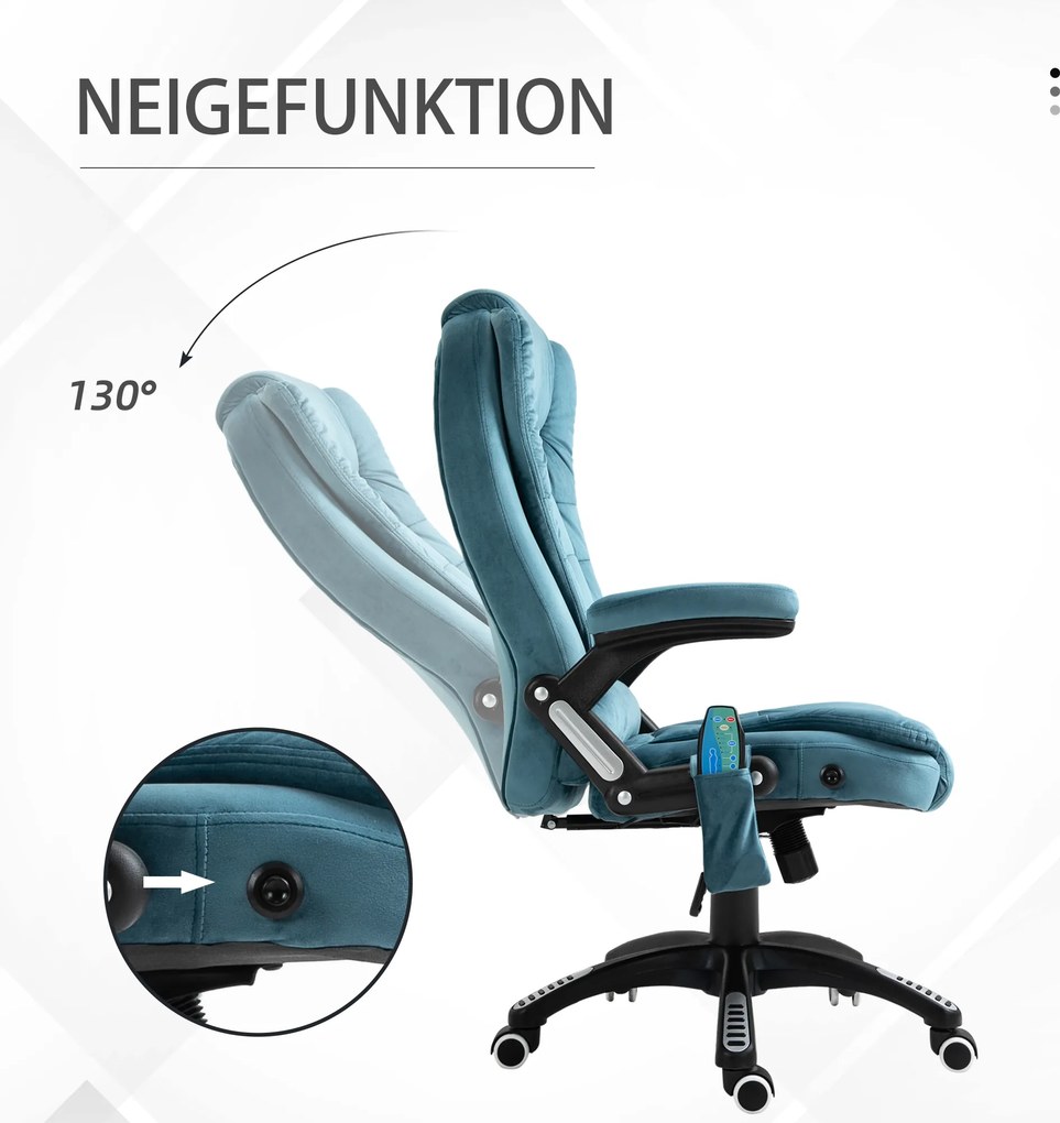 Kancelářská židle Vinsetto s masážní a tepelnou funkcí, výškově nastavitelná herní židle do 120 kg, 68x72x110-120 cm, modrá | Aosom.de