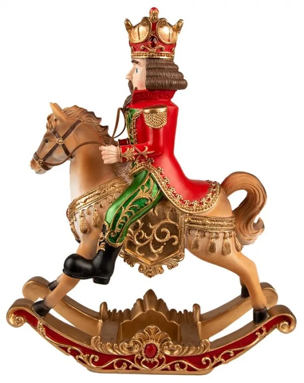Červeno-zlatá dekorace Louskáček na houpacím koni – 32x13x39 cm
