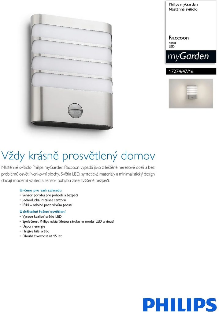 PHILIPS 17274/47/16 venkovní LED svítidlo s čidlem Racoon 1x3W IP44 2700K