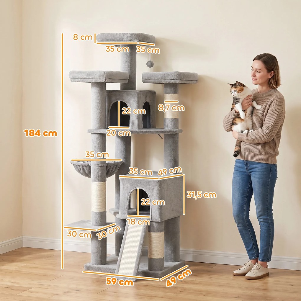 PawHut Velké škrabadlo 184 cm vysoké, kočičí strom se 3 škrábacími sloupky, ležení, hrací míček, houpací síť, žebřík, pro kočky do 6 kg D35-014V00LG