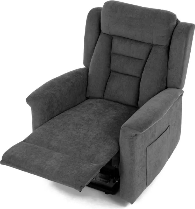 Relaxační křeslo s elektrickým ovládáním, pomoc při vstávání, potah šedá látka, 2 motory (82 x 98) cm