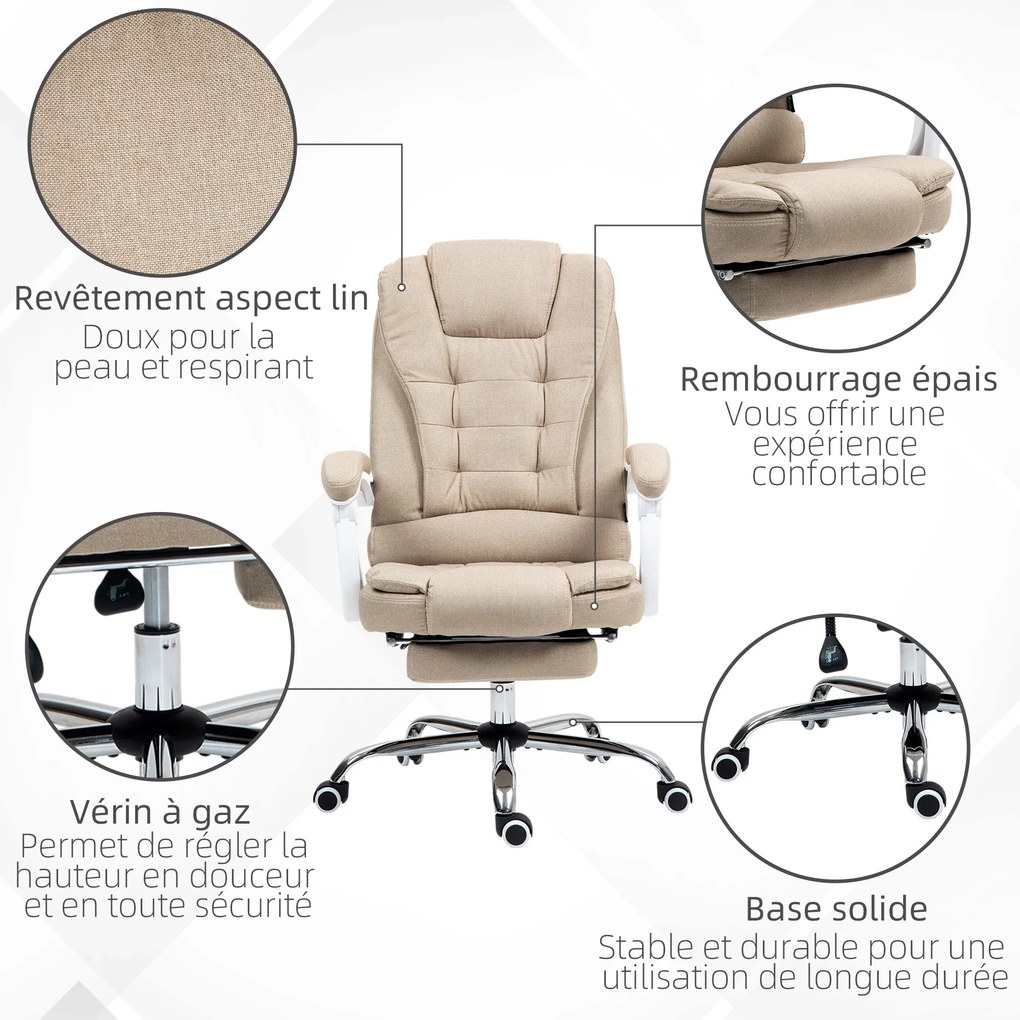 Ergonomická kancelářská židle Vinsetto, kancelářská židle s podnožkou, sklopným opěradlem, polstrovanými pod armresty a béžovou látkou připomínající …
