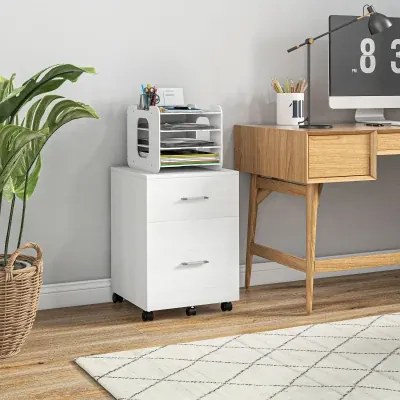 HOMCOM kontejner ke stolu s 2 zásuvkami, na kolečkách, mobilní souborová skříň pro dokumenty A4 nebo Letter 39,5x39x58,5 cm Bílá