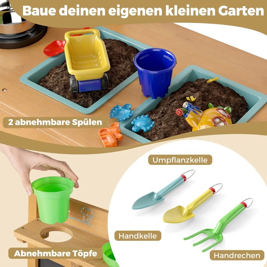 Costway Dětská hliněná kuchyňka s tabulí a kohoutkem a dřezy a květináče dřevěná