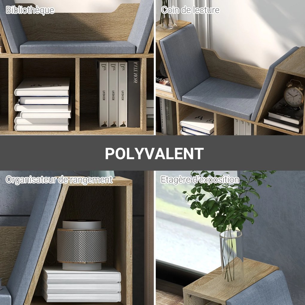HOMCOM Moderní design 2-v-1 Knihovna s lavičkou s 6 přihrádkami a 3 polštáři Dub šedý 102D x 30Š x 61V cm