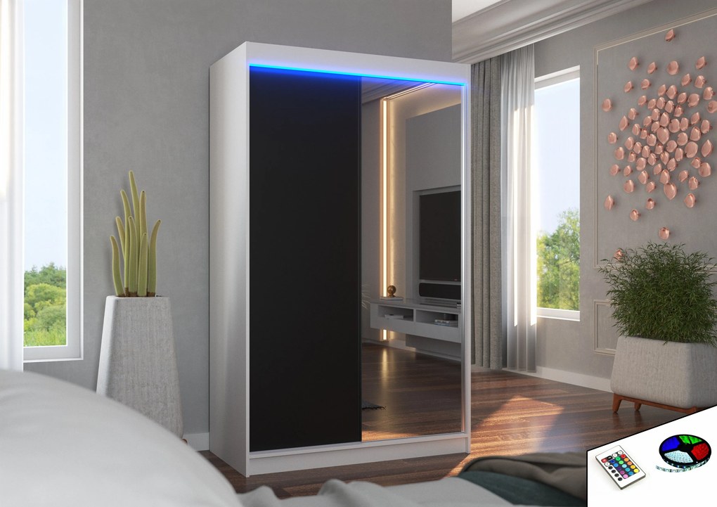 ADRK Furniture Posuvná skříň se zrcadlem a LED osvětlením REWENA 120 SW-REW- W+B-120+L-V032