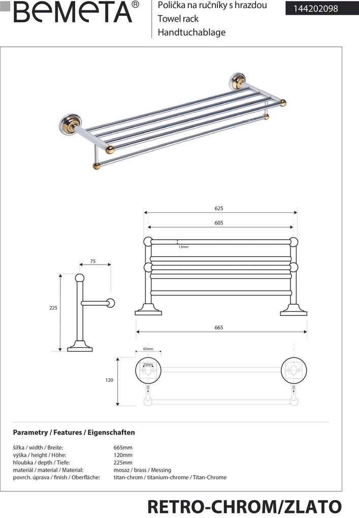 Bemeta Design RETRO gold-chrom: Držák ručníků, 605 mm, s hrazdou - 144202098