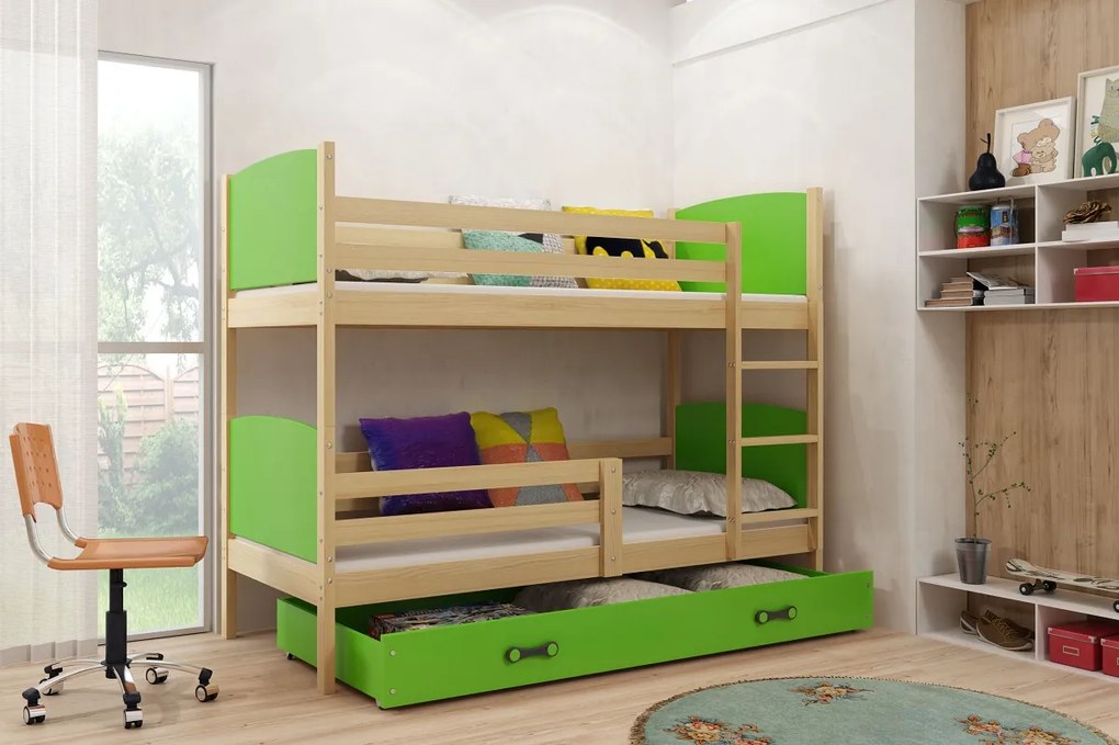 ImportWorld Dětská patrová postel Evžen - 2 osoby, 90x200 s úložným prostorem – Borovice, Zelená