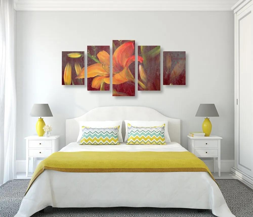 5-dílný obraz rozkvět oranžové lilie - 200x100 cm