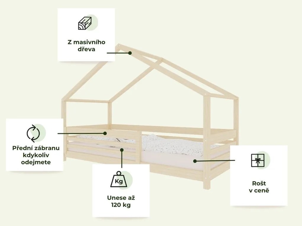 Benlemi Domečková postel TULY s předním štítem Zvolte barvu: Béžová, Zvolte rozměr: 80x180 cm, Zvolte zábranu: S jednou zábranou